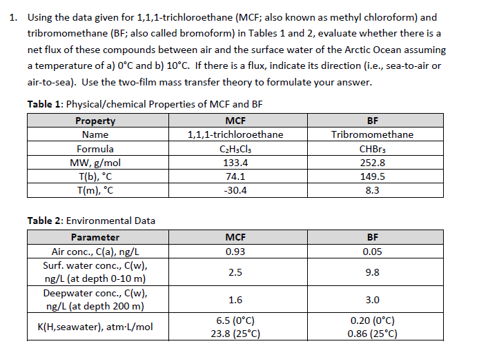 1. Using the data given for 1,1,1-trichloroethane | Chegg.com