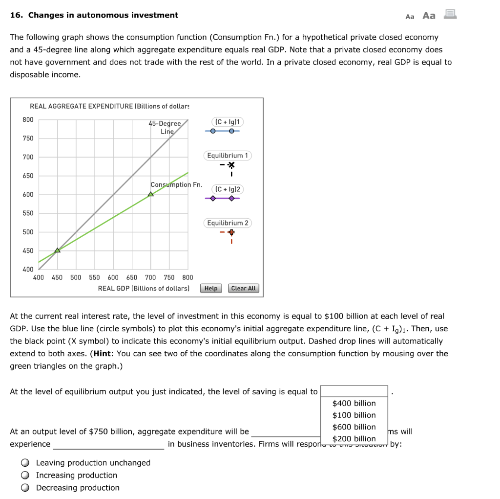 Solved 16. Changes in autonomous investment Aa Aa The | Chegg.com