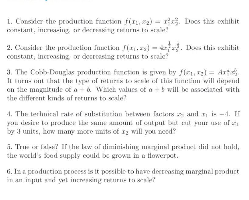 Solved 1. Consider the production function f(x1, x2) = x23. | Chegg.com