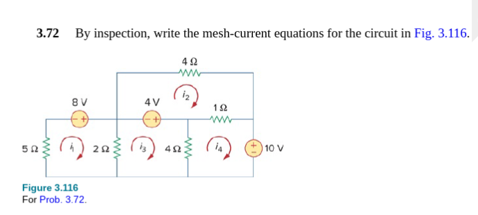 Solved 3.72 By inspection, write the mesh-current equations | Chegg.com
