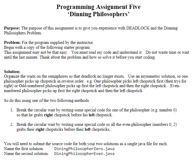 Programming Assignment Five 'Dinning Philosophers' | Chegg.com
