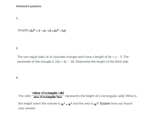 Solved Homework questions 1. Simplify (2 +3-0)-(2+2d2-5d). | Chegg.com