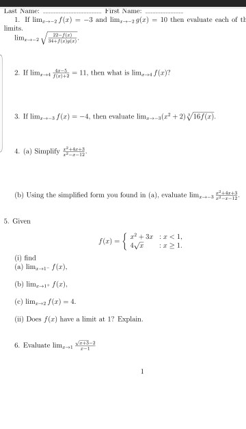 Solved Last Name: 1. If lim --- limits, First Name: () = -3 | Chegg.com