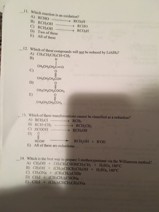 Solved 11. Which reaction is an oxidation? A) RCHO B) RCH OH | Chegg.com