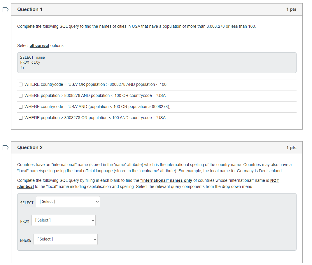 Solved 1 pts Question 1 Complete the following SQL query to | Chegg.com