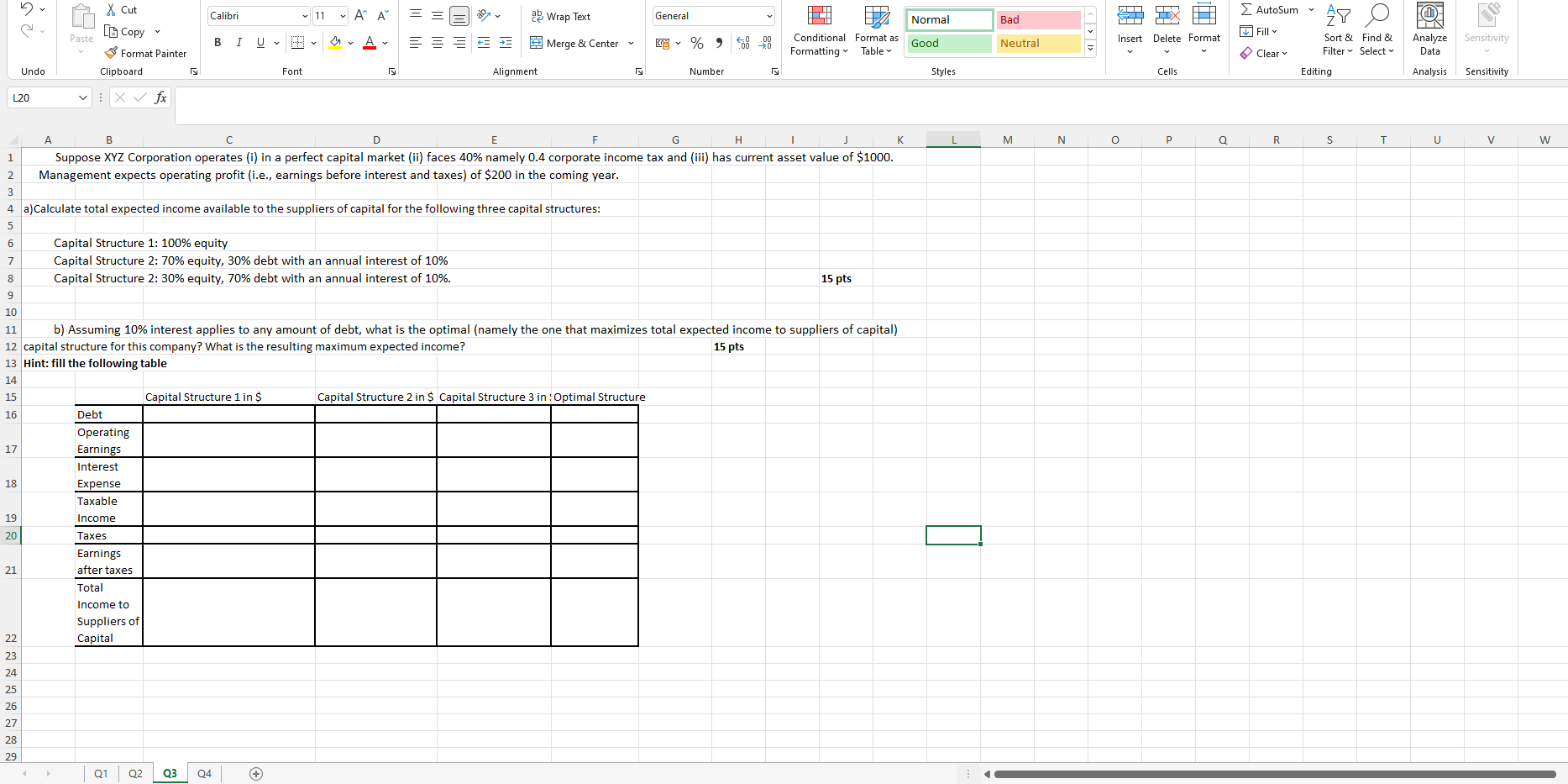 Solved Calibri 11 ~AI Σ AutoSum General a Wrap Text II | Chegg.com