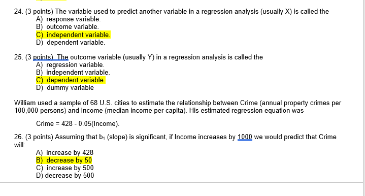 Solved 24. (3 points) The variable used to predict another | Chegg.com