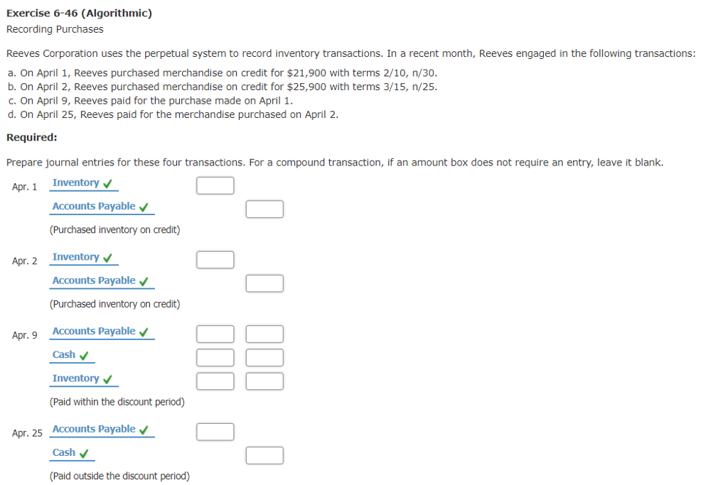 Solved Exercise 6-46 (Algorithmic) Recording Purchases | Chegg.com