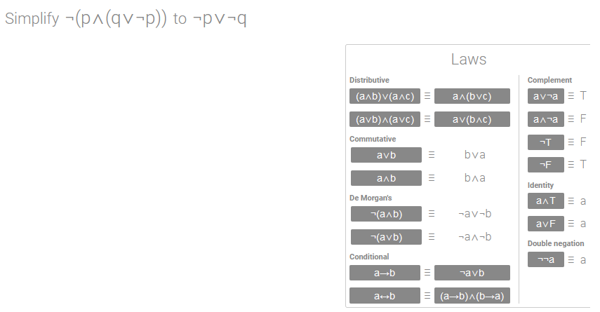 Solved Simplify ¬(p∧(q∨¬p)) to ¬p∨¬q | Chegg.com