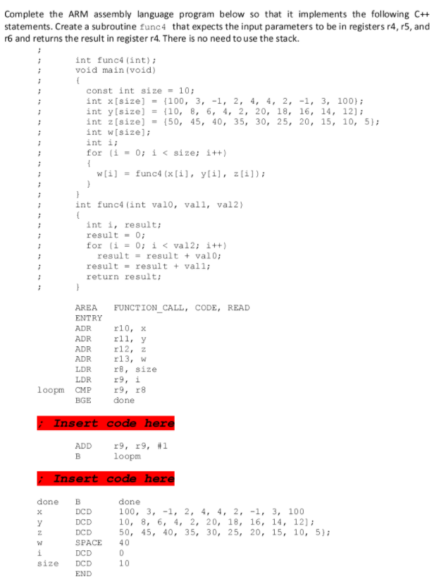 Complete the ARM assembly language program below so | Chegg.com