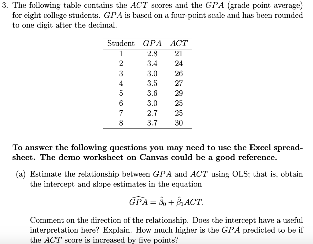 Solved 3. The following table contains the ACT scores and | Chegg.com