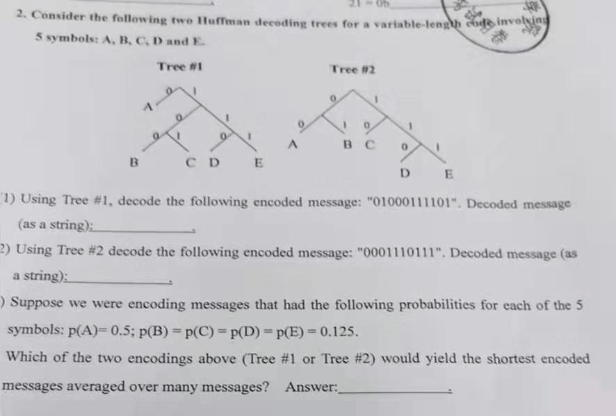 Solved 2105 2. Consider the following two lloffman decodine | Chegg.com
