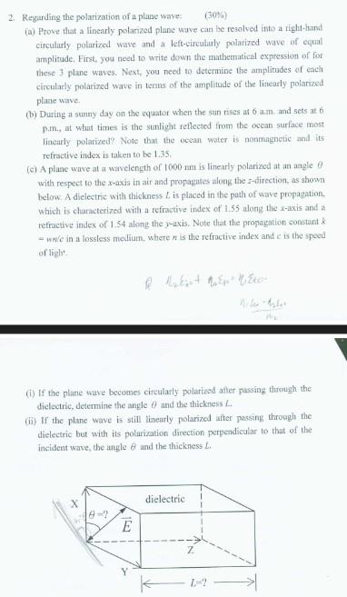 Solved 2. Regarding the polarization of a plane wave: (30\%) | Chegg.com