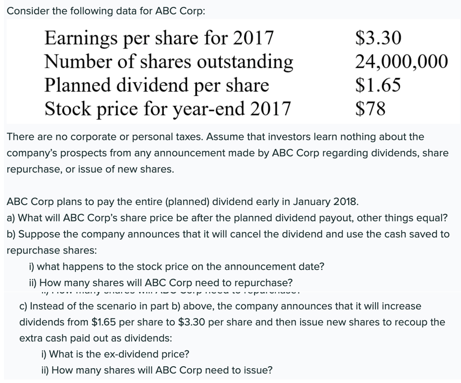 Solved Consider the following data for ABC Corp: Earnings | Chegg.com