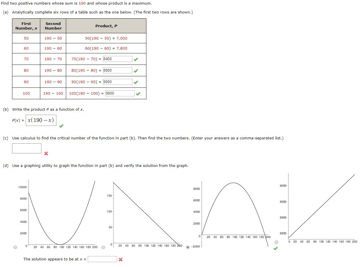 Solved Find two positive numbers whose sum is 190 and whose | Chegg.com