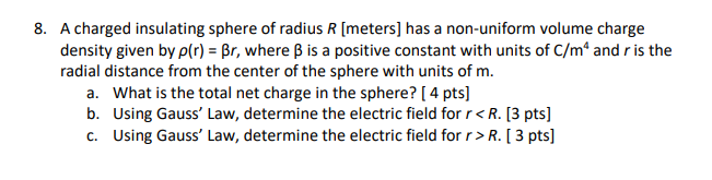 Solved 8. A charged insulating sphere of radius R [meters] | Chegg.com