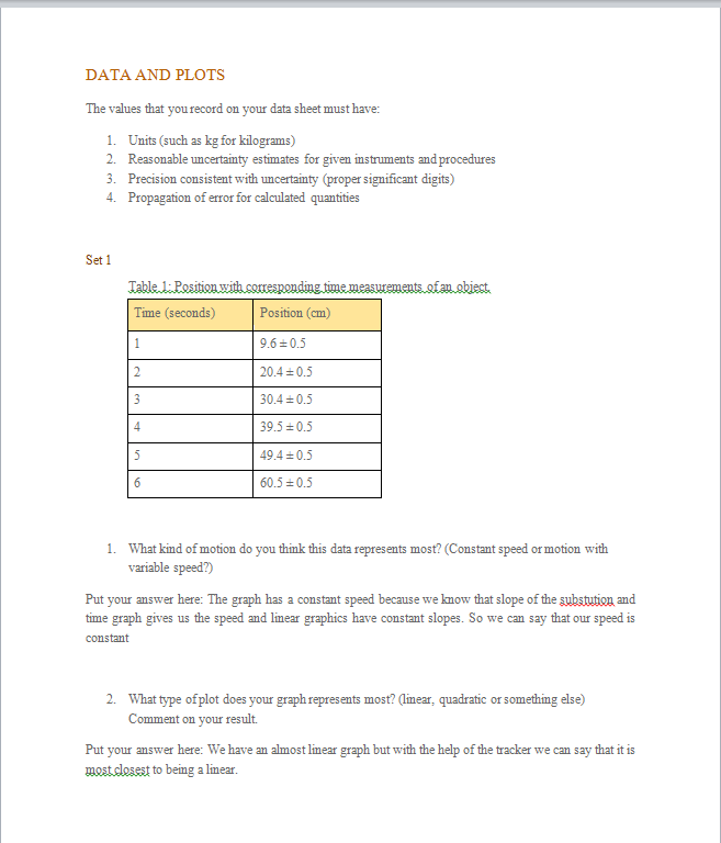 DATA AND PLOTS The values that you record on your | Chegg.com