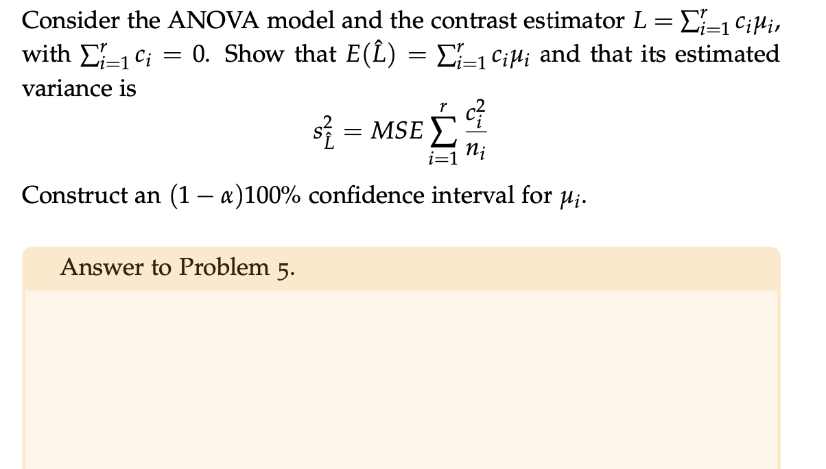 = Consider the ANOVA model and the contrast estimator | Chegg.com