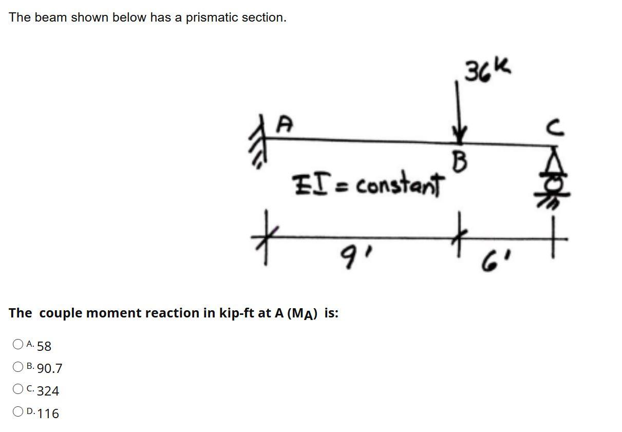 Solved The beam shown below has a prismatic section. 36k f f | Chegg.com
