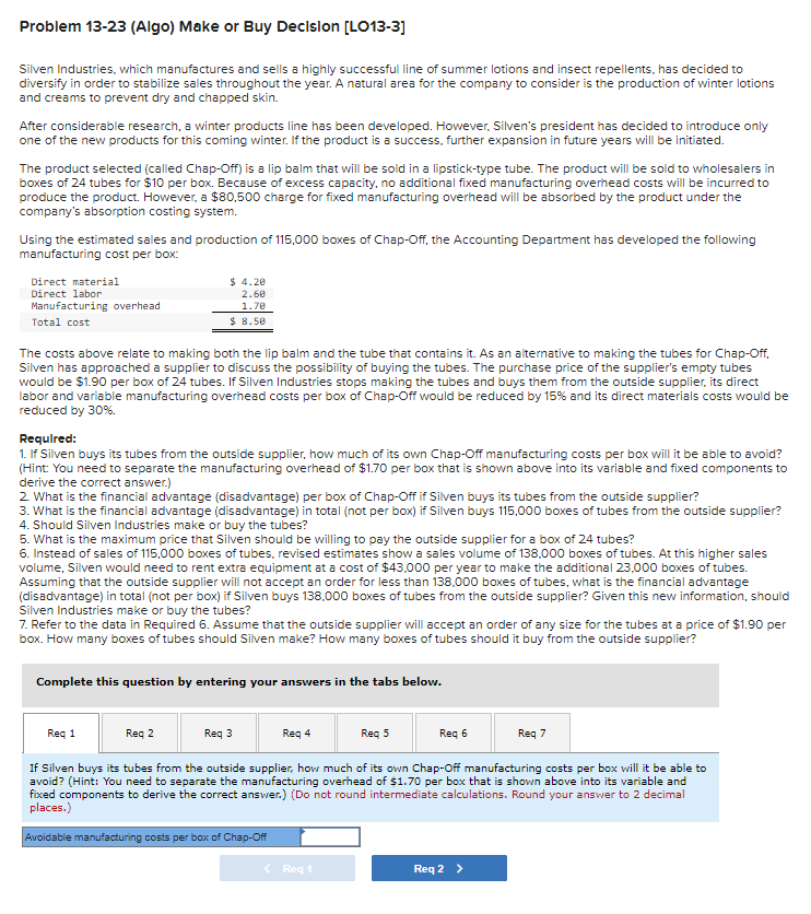 Solved Problem 13-23 (Algo) Make or Buy Decislon [LO13-3] | Chegg.com