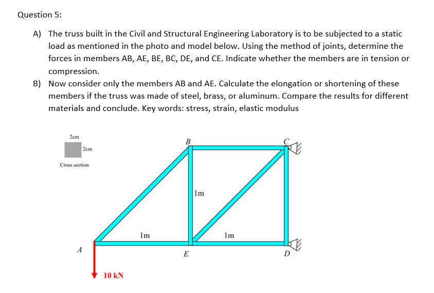 Solved Question 5: A) The truss built in the Civil and | Chegg.com