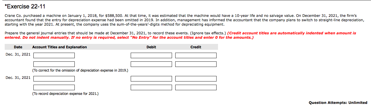 Solved *Exercise 22-11 Crane Co. purchased a machine on | Chegg.com