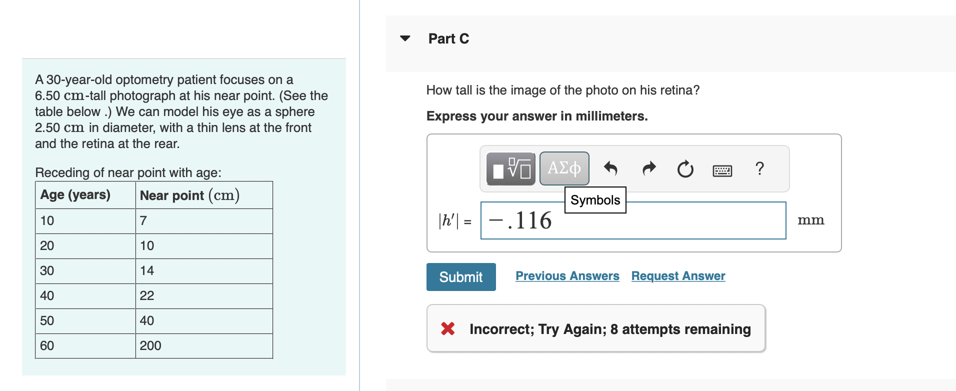 Solved A 30-year-old optometry patient focuses on a 6.50 | Chegg.com
