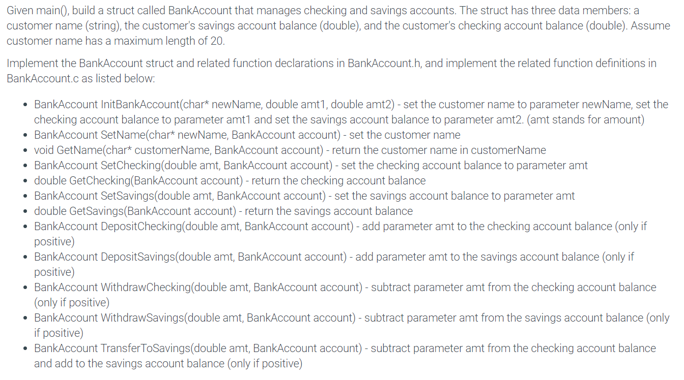 Solved Given main(), build a struct called BankAccount that | Chegg.com