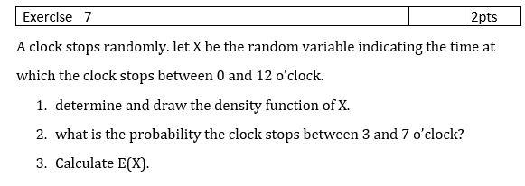 Solved Exercise 7 2pts A clock stops randomly. let X be the | Chegg.com