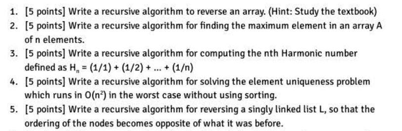Solved 1 5 Points Write A Recursive Algorithm To Reverse 7990
