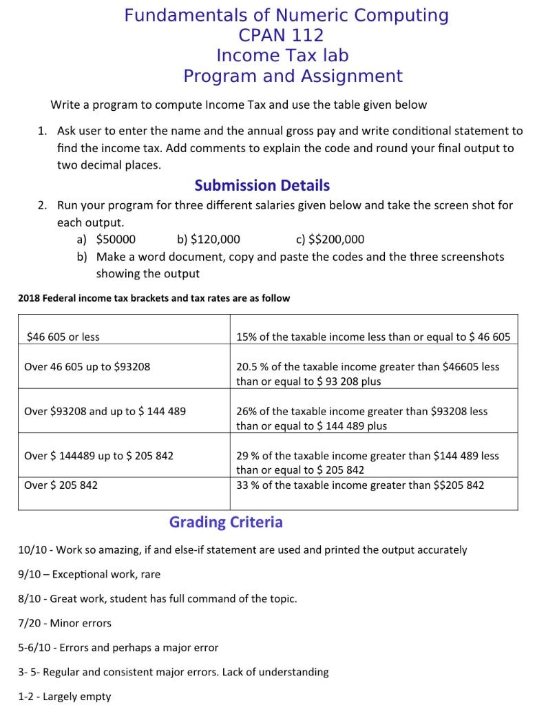 Solved Fundamentals of Numeric Computing CPAN 112 Income Tax | Chegg.com
