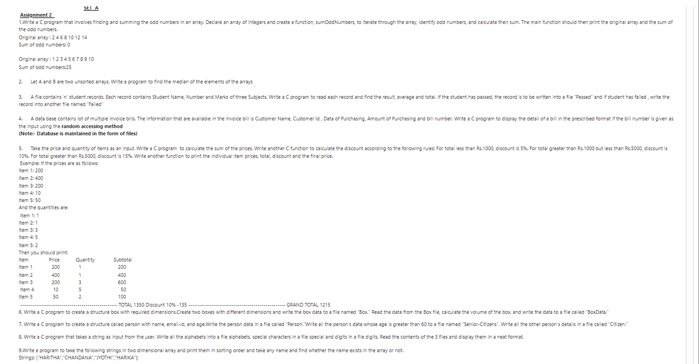 Solved SET A ﻿Assignment 2 ﻿ 1.Write a C program that | Chegg.com