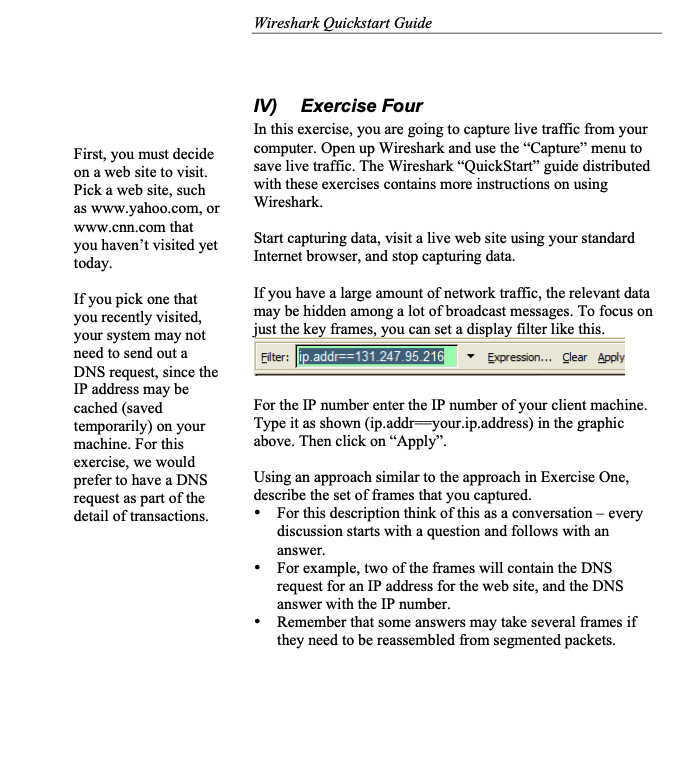 Solved Wireshark Quickstart Guide IV) Exercise Four In this | Chegg.com