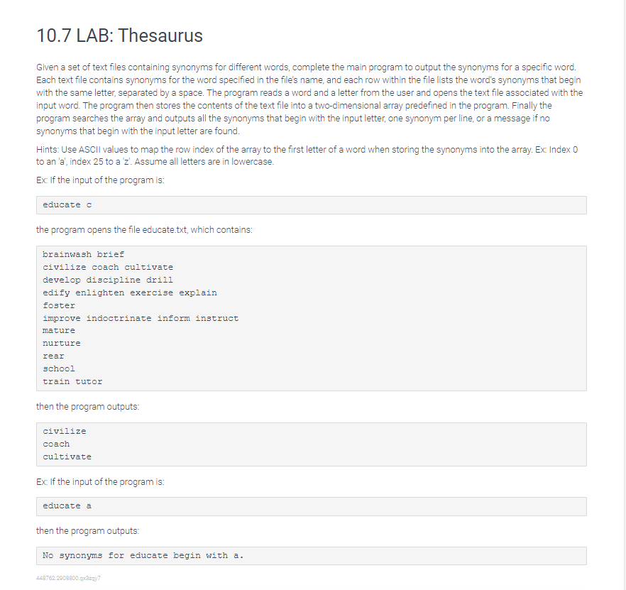 Solved 10.7 LAB: Thesaurus Given a set of text files | Chegg.com