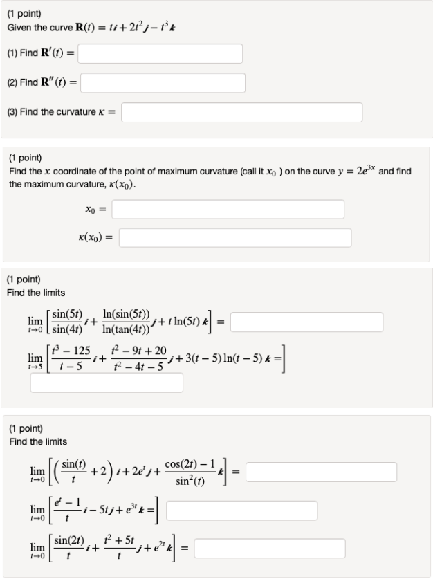 Solved (1 point) Given the curve R(t) = ti + 2t2;-tk (1) | Chegg.com