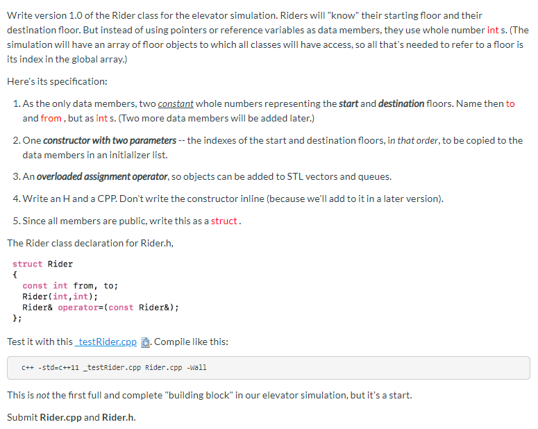 Write version 1.0 of the Rider class for the elevator | Chegg.com