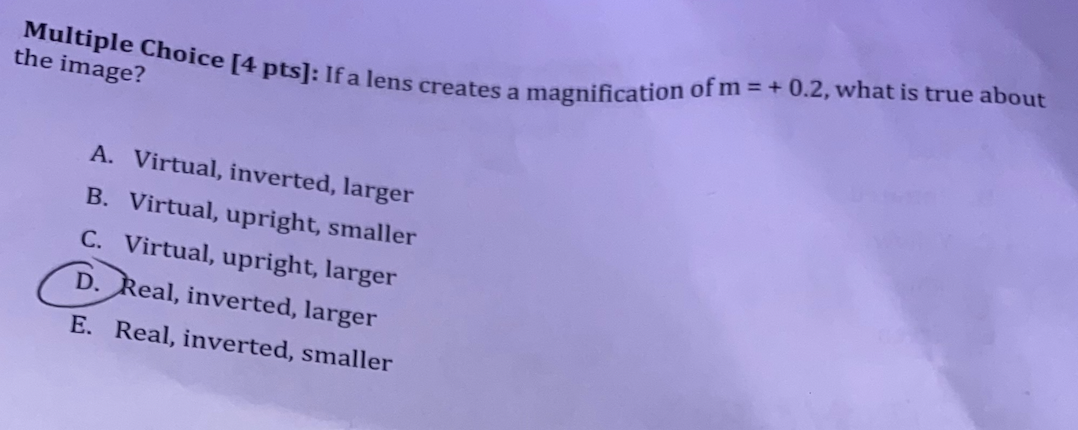 Solved Multiple Choice [4 pts]: If a lens creates a | Chegg.com