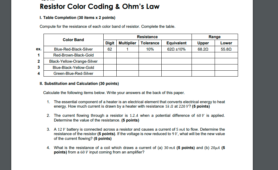 Solved Resistor Color Coding \& Ohm's Law I. Table | Chegg.com