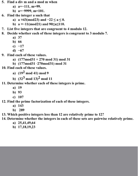 Solved 5. Find a div m and a mod m when a) a--111, m-99 b) | Chegg.com