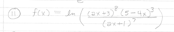 Solved f(x)=ln((2x+1)7(2x+3)8(5−4x)3) | Chegg.com