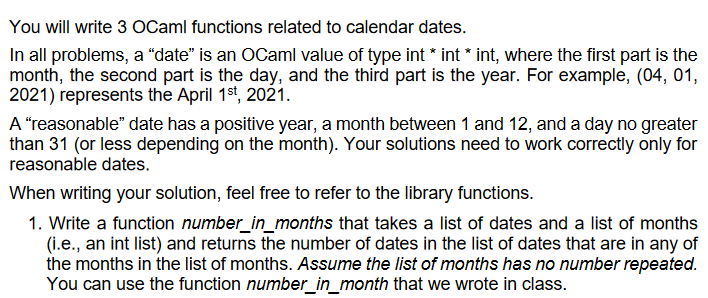 Solved You Will Write 3 Ocaml Functions Related To Calendar 