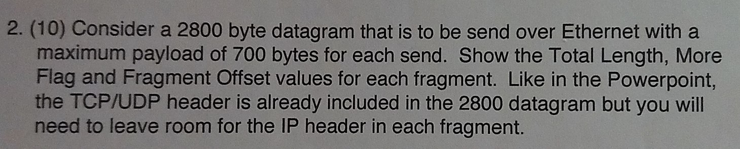 Solved Consider a 2800 byte datagram that is to be send over | Chegg.com