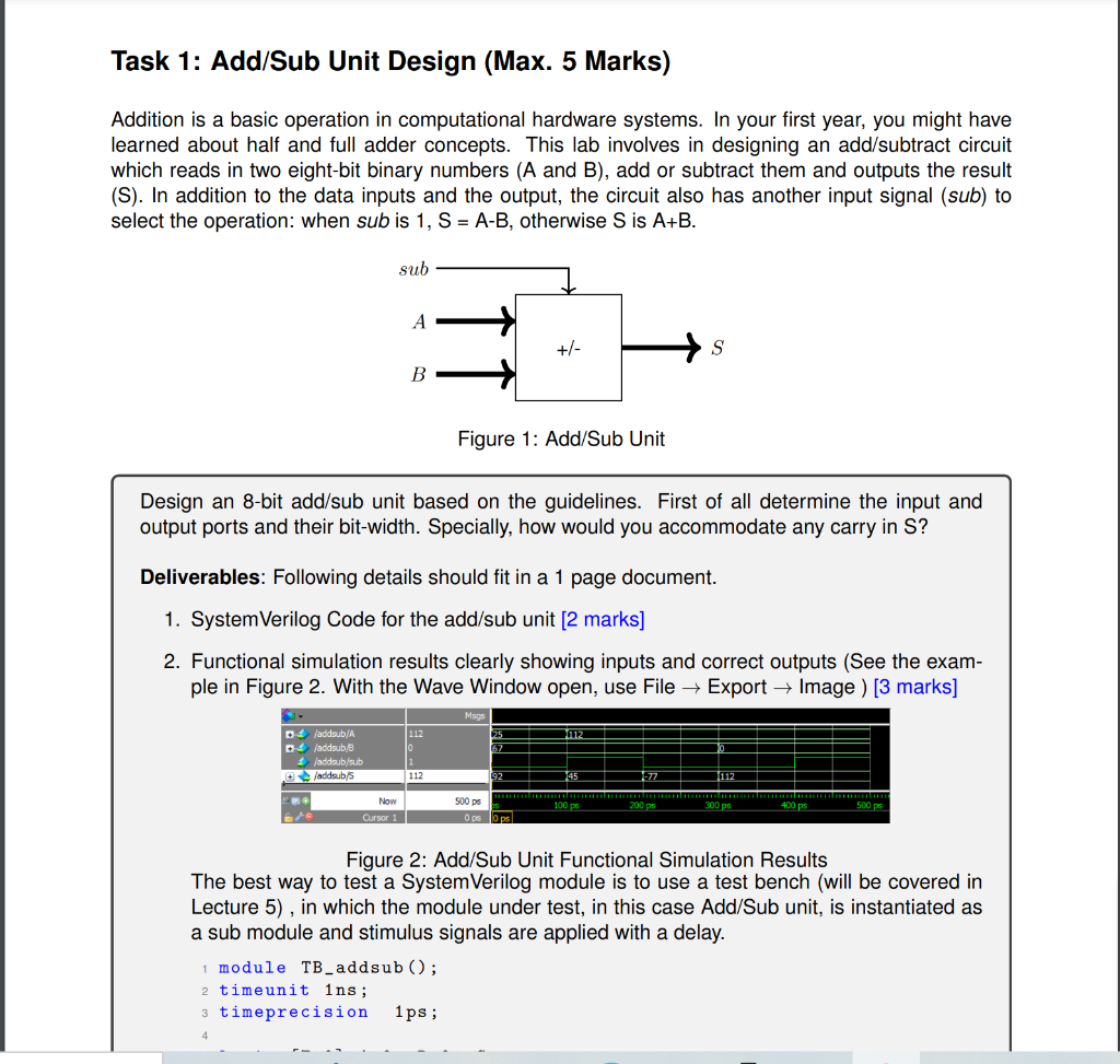 Task 1: Add/Sub Unit Design (Max. 5 Marks) Addition | Chegg.com