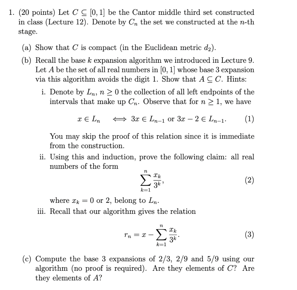 (20 points) Let C⊆[0,1] be the Cantor middle third | Chegg.com