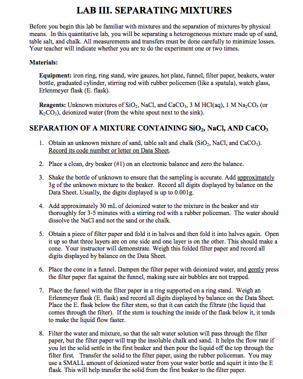 LAB III. SEPARATING MIXTURES Before you begin this | Chegg.com