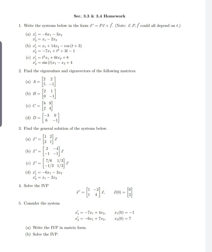 Solved Sec. 3.3 & 3.4 Homework 1. Write the systems below in | Chegg.com