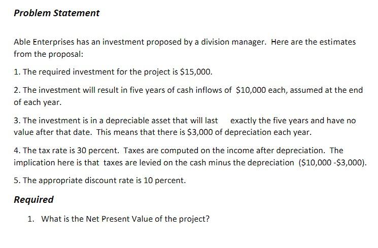 Solved Problem Statement Able Enterprises has an investment | Chegg.com