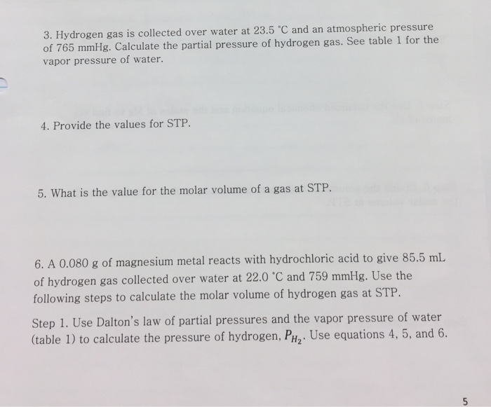 Solved Molar Volume of Hydrogen Gas & the Combined Gas Law | Chegg.com