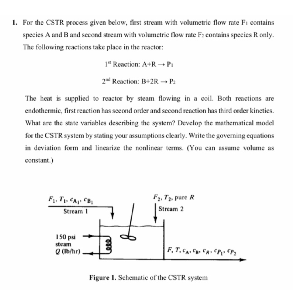 Solved 1. For the CSTR process given below, first stream | Chegg.com