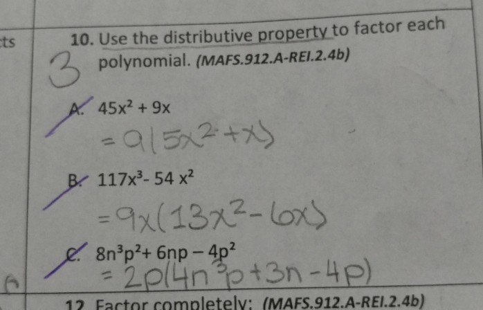 Solved ts 10. Use the distributive property to factor each | Chegg.com